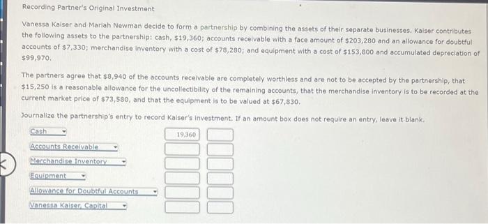 Solved Recording Partner's Original Investment Vanessa | Chegg.com