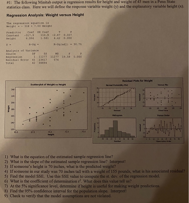 Solved # 1 : The following Minitab output is regression | Chegg.com