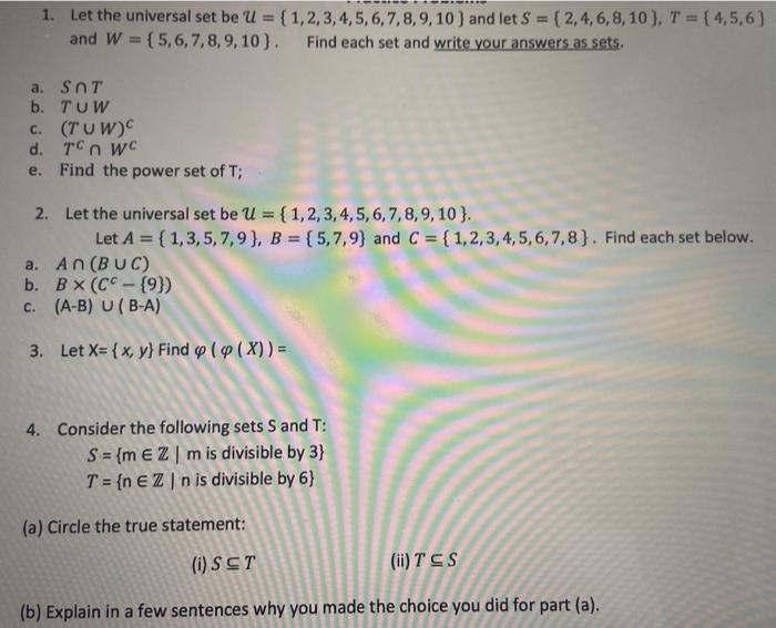 Solved 1 Let The Universal Set Be U {1 2 3 4 5 6 7 8 9 10