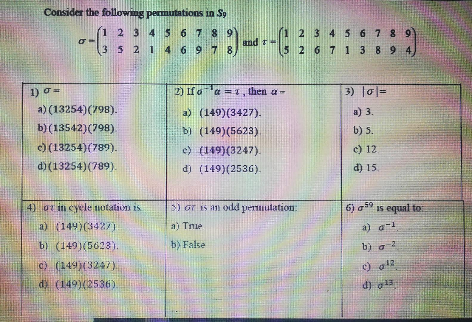 Solved Consider the following permutations in S9 1 2 3 4 5 6 | Chegg.com