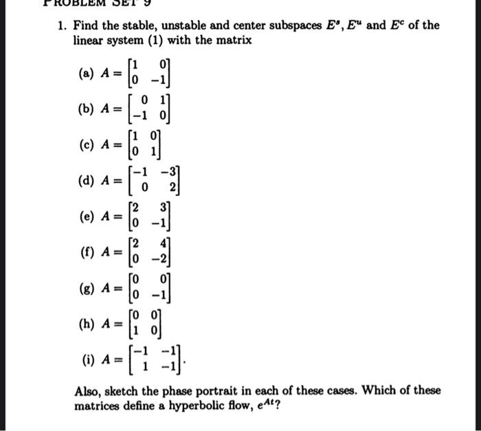 Solved 1. Find the stable, unstable and center subspaces | Chegg.com