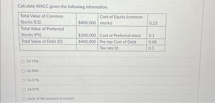 Solved Calculate WACC given the following information. Total | Chegg.com