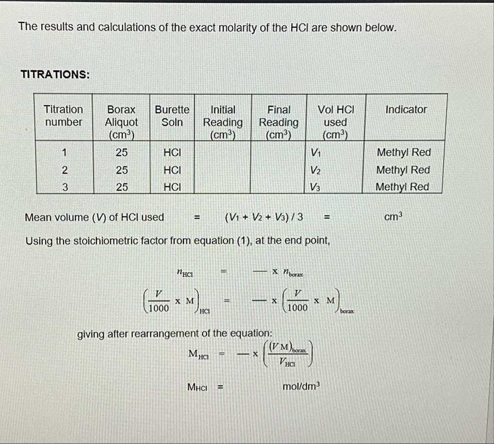 The results and calculations of the exact molarity of | Chegg.com
