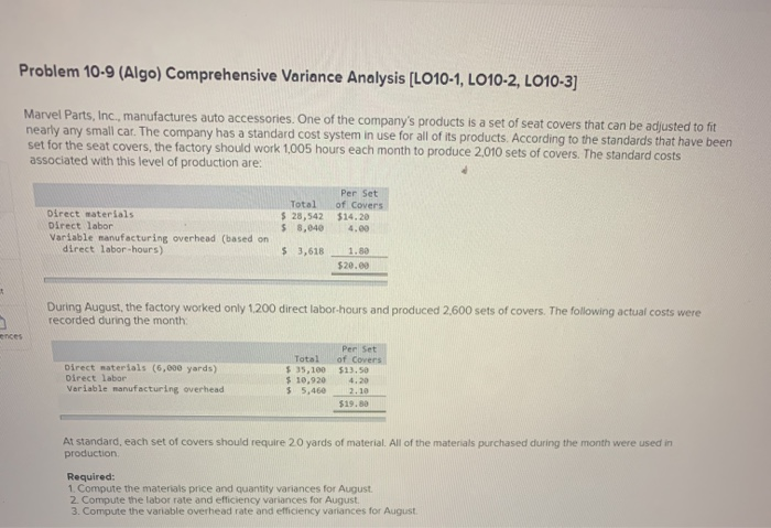Solved Problem 10-9 (Algo) Comprehensive Variance Analysis | Chegg.com
