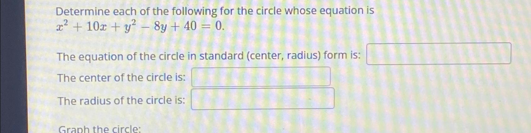 Solved Determine each of the following for the circle whose | Chegg.com