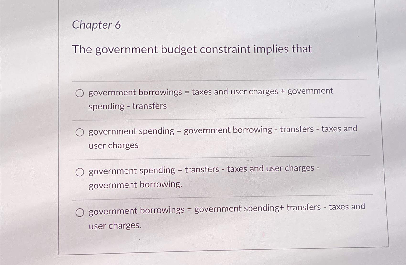 Solved Chapter 6The government budget constraint implies | Chegg.com