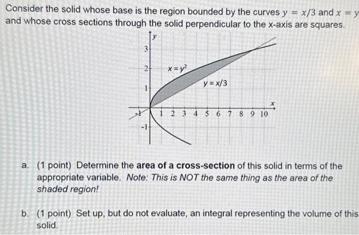Solved Consider the solid whose base is the region bounded | Chegg.com