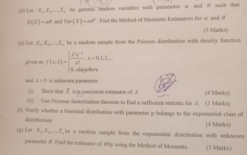 Solved (d) Let X1,X2,…,Xn be gamma random variables with | Chegg.com