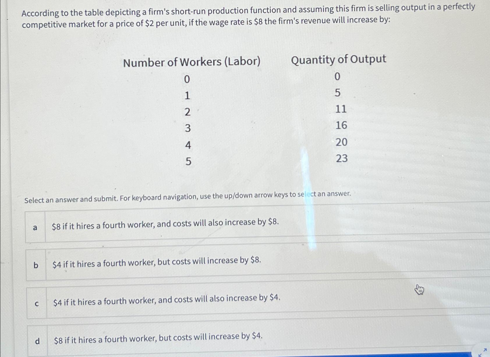 Solved According to the table depicting a firm's short-run | Chegg.com