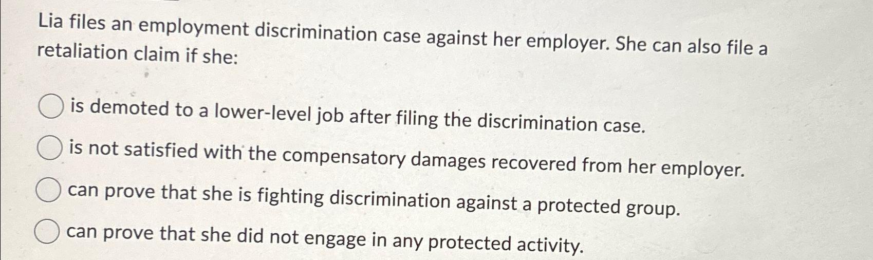 Solved Lia files an employment discrimination case against | Chegg.com