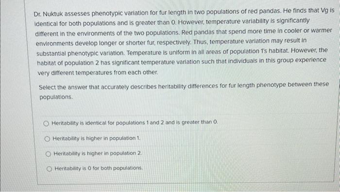 Solved Dr. Nuktuk assesses phenotypic variation for fur | Chegg.com