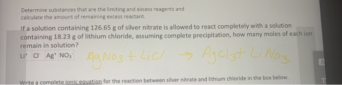 Solved Determine substances that are the limiting and excess | Chegg.com