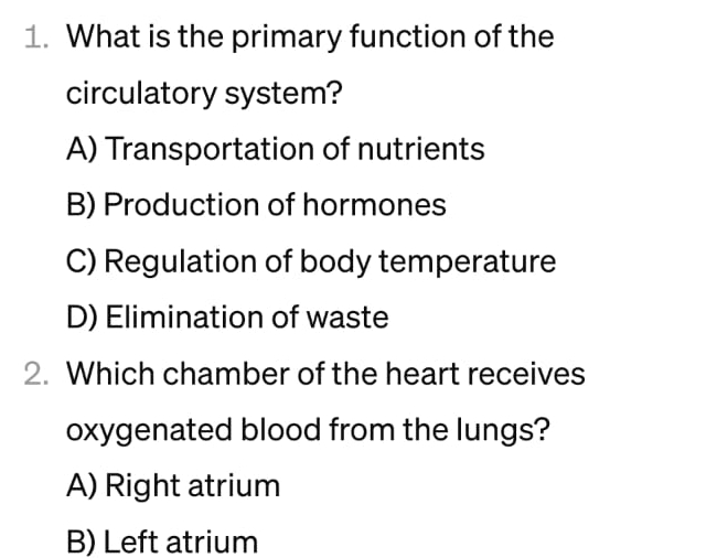 Solved What is the primary function of the circulatory | Chegg.com