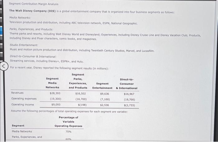 Solved Segment Contribution Margin Analysis The Walt Disney | Chegg.com