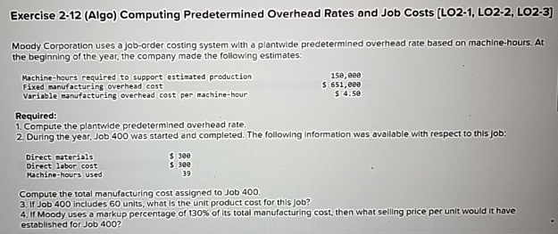 Solved Exercise 2-12 (Algo) ﻿Computing Predetermined | Chegg.com