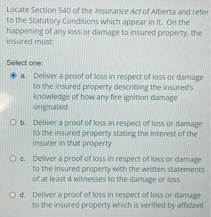 Locate Section 540 of the Insurance Act of Alberta | Chegg.com