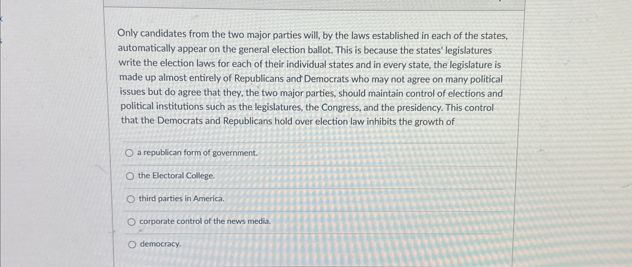 Solved Only candidates from the two major parties will, by | Chegg.com
