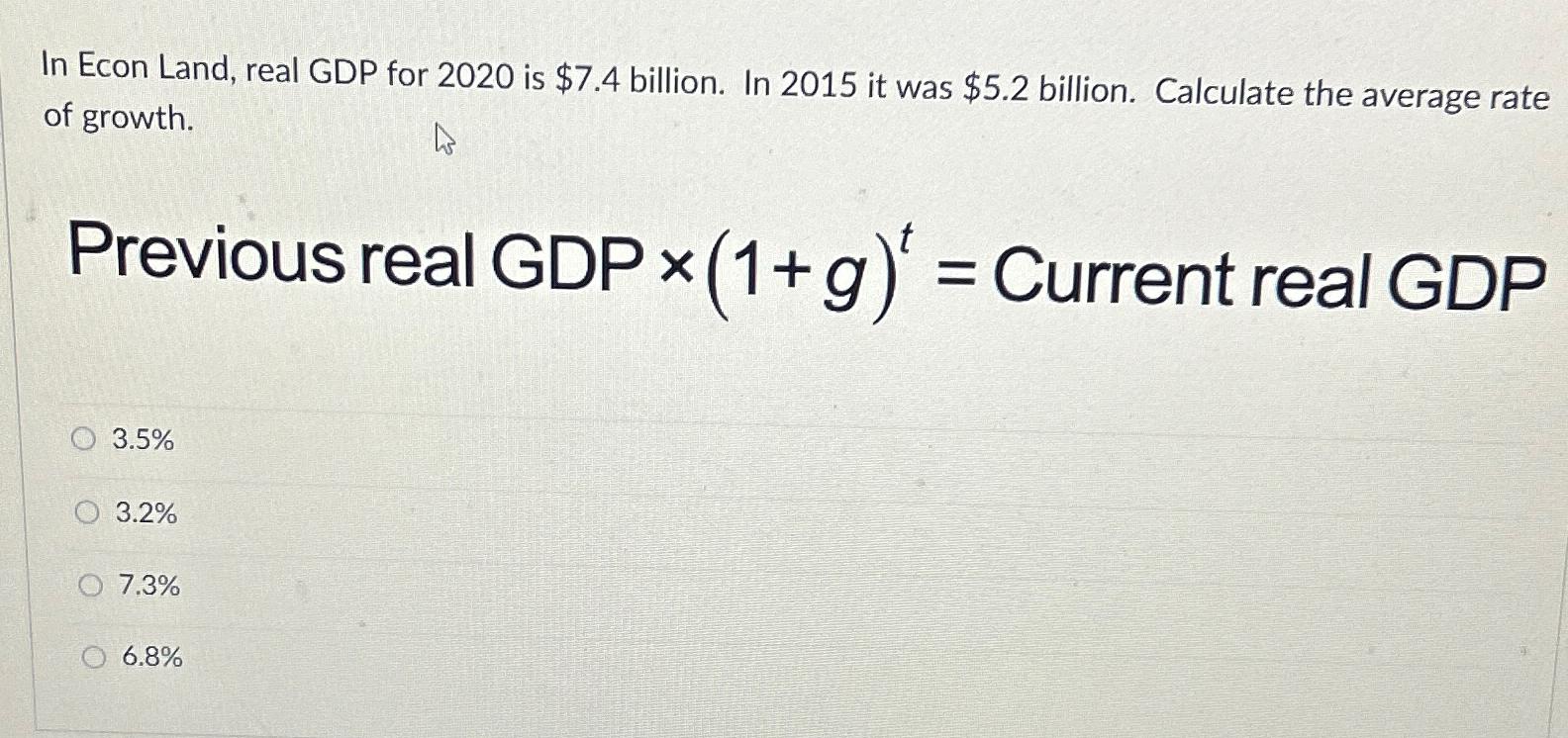 Solved In Econ Land, real GDP for 2020 ﻿is $7.4 ﻿billion. In | Chegg.com