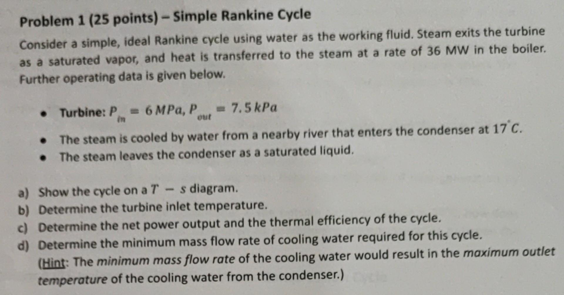 Solved Problem 1 (25 points) - Simple Rankine Cycle Consider | Chegg.com