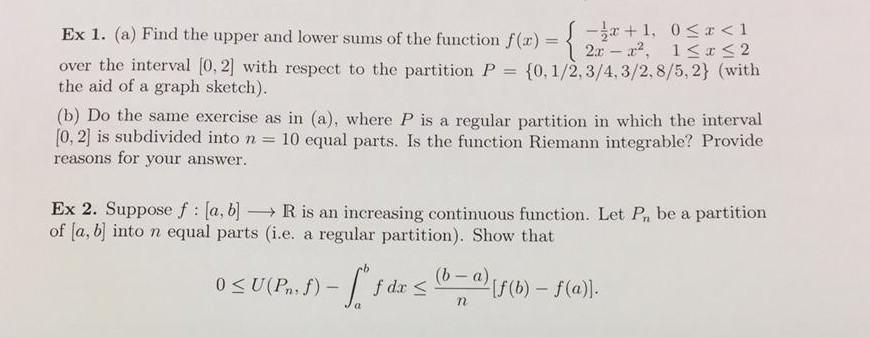 Solved Ex 1. (a) Find the upper and lower sums of the | Chegg.com
