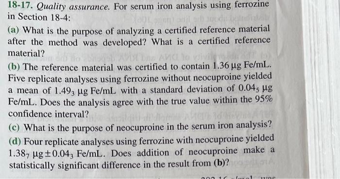 Solved 18-17. Quality assurance. For serum iron analysis | Chegg.com