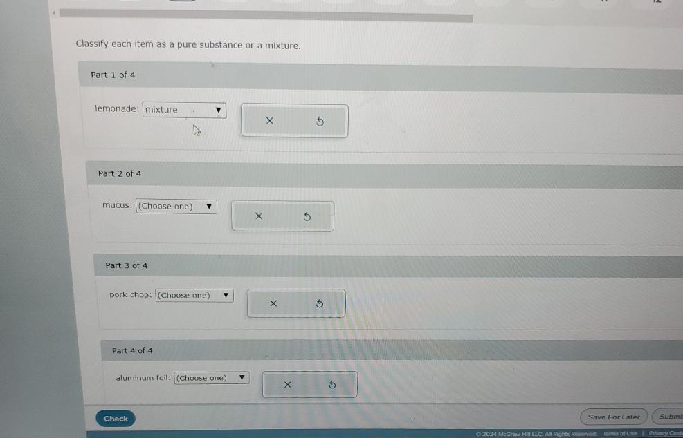 Solved Classify each item as a pure substance or a | Chegg.com