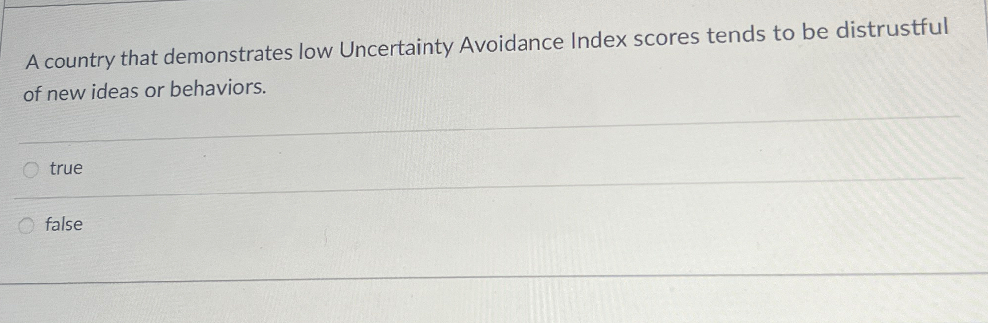 Solved A country that demonstrates low Uncertainty Avoidance | Chegg.com