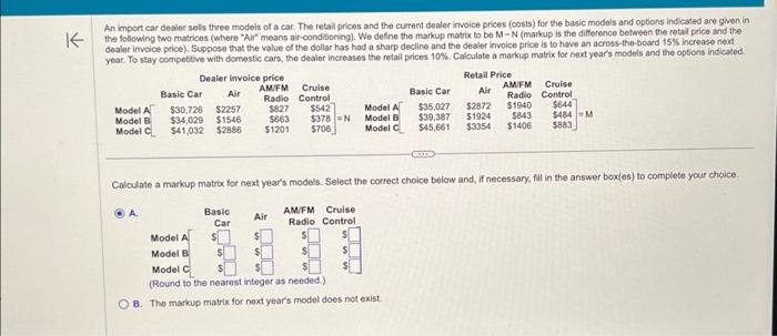 Solved An import car dealer sels three models of a car. The | Chegg.com