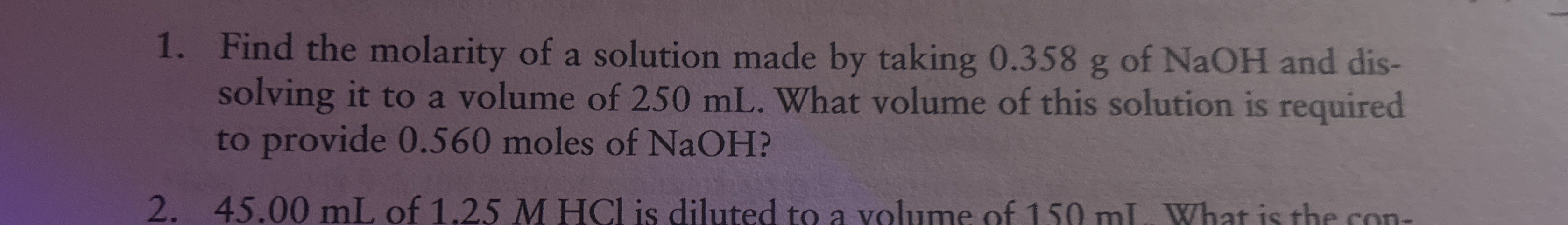 Solved Find the molarity of a solution made by taking 0.358 | Chegg.com