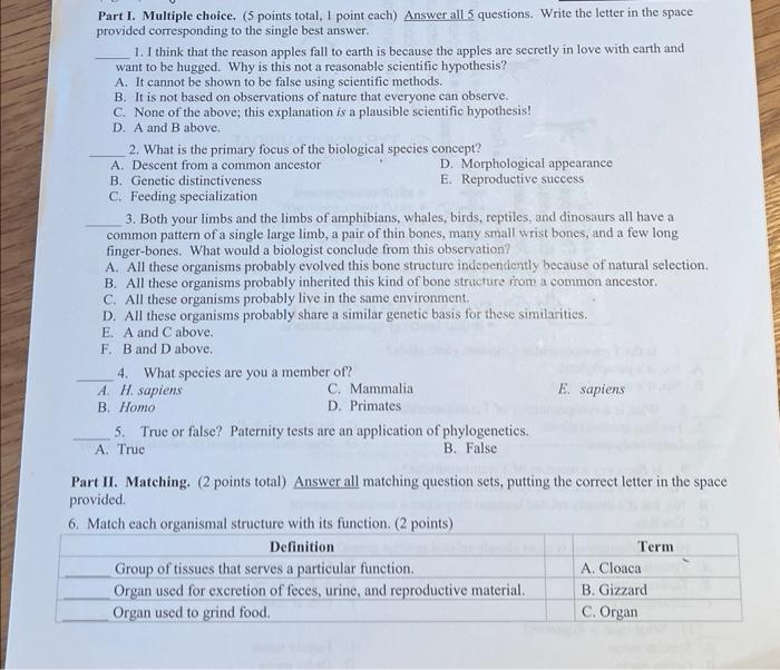 Solved Part I. Multiple choice. ( 5 points total, 1 point | Chegg.com