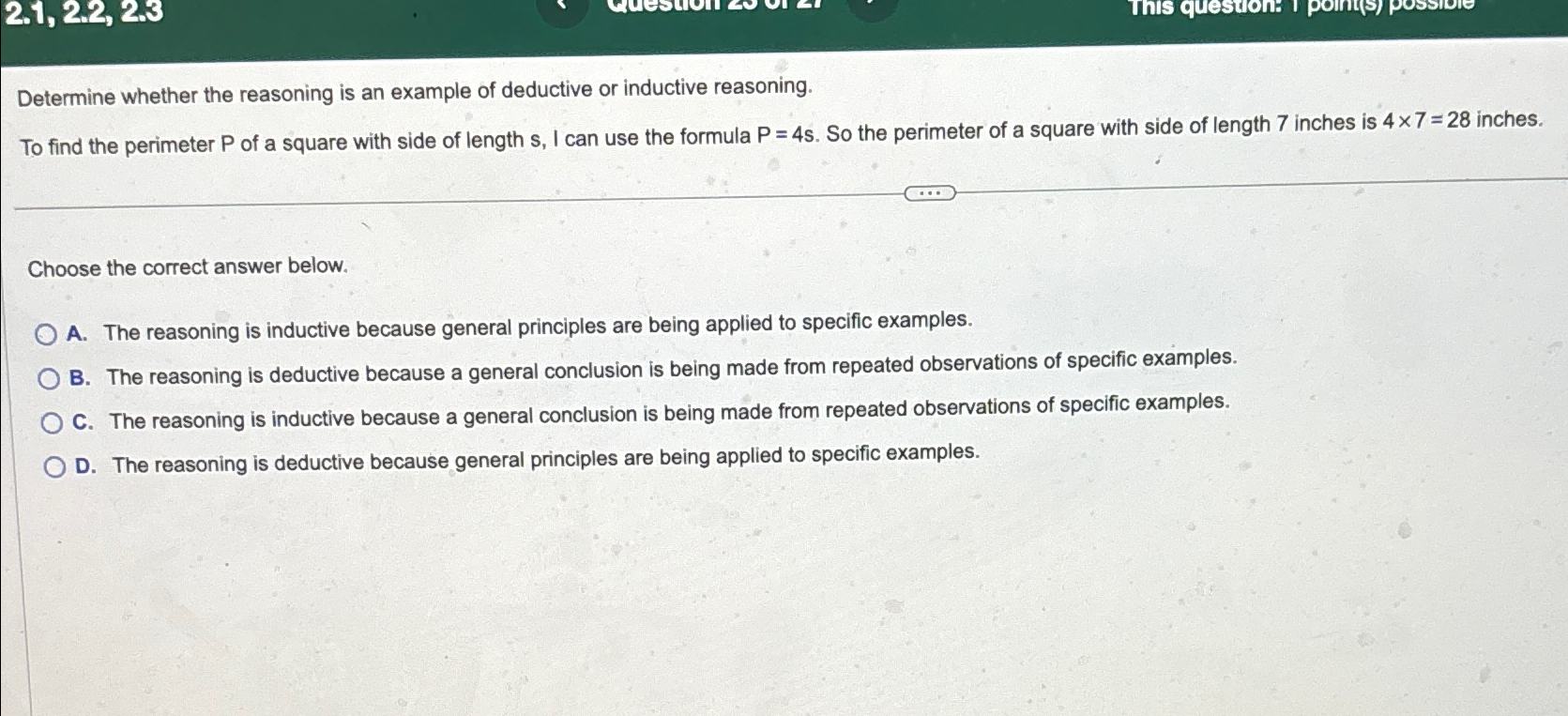 Solved Determine whether the reasoning is an example of | Chegg.com