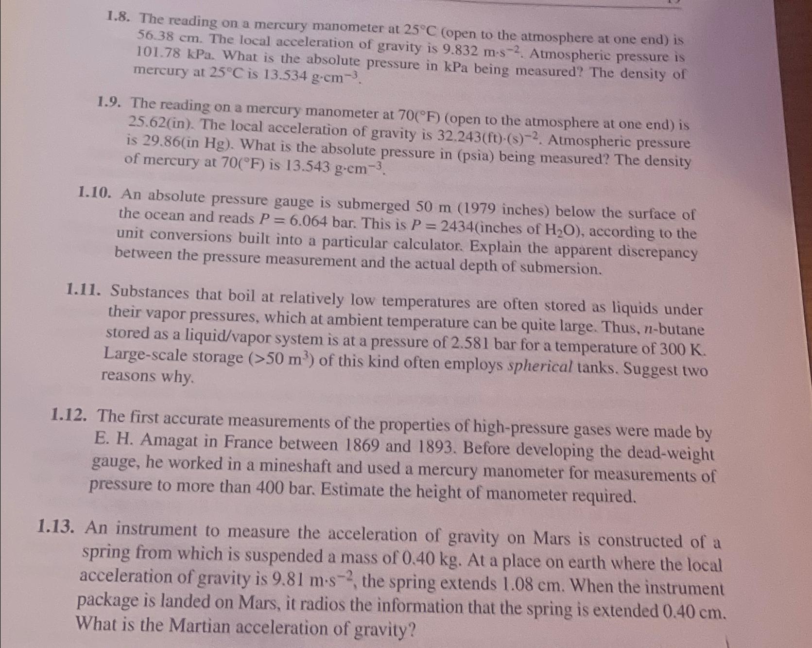 Solved 1.8. ﻿The reading on a mercury manometer at | Chegg.com