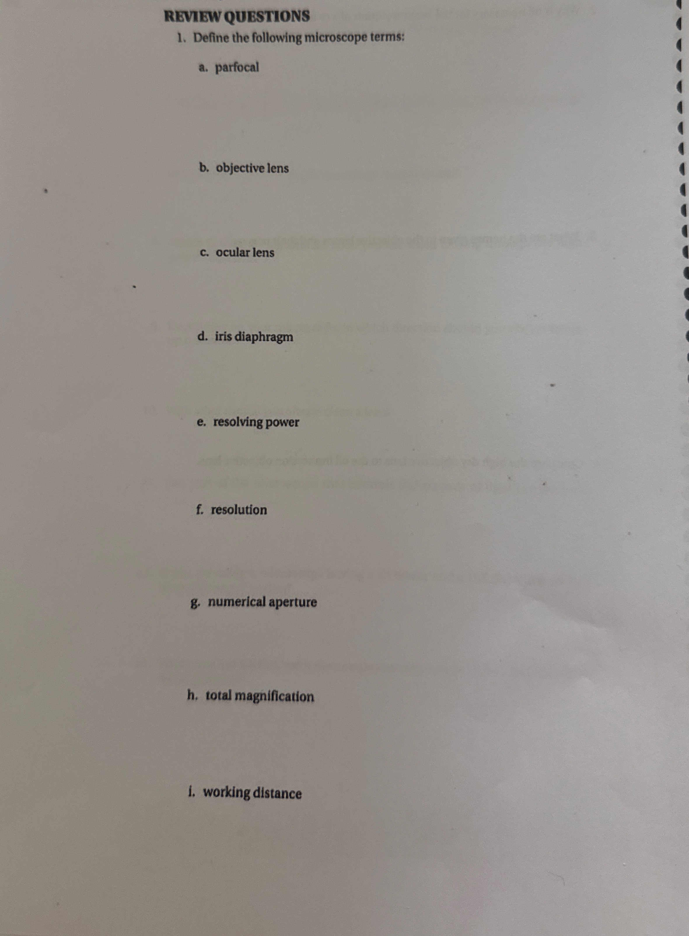 Solved REviEW QUESTIONSDefine the following microscope | Chegg.com