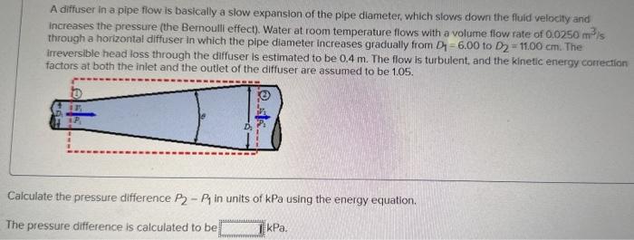 Solved A diffuser in a pipe flow is basically a slow | Chegg.com