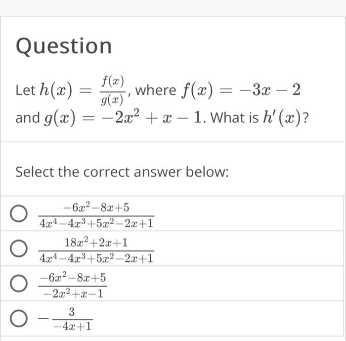 Solved Let h(x)=g(x)f(x), where f(x)=−3x−2 and | Chegg.com Solved Let h(x)=g(x)f(x), where f(x)=−3x−2 and | Chegg.com