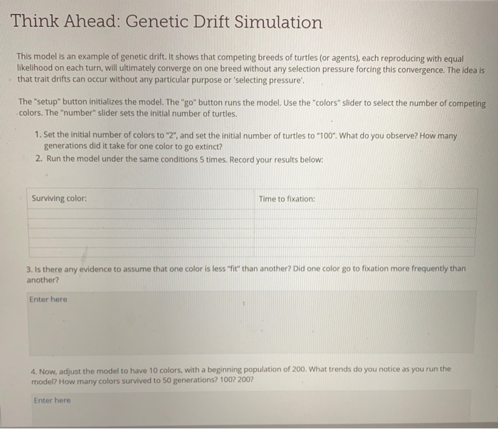 Think Ahead: Genetic Drift Simulation This model is | Chegg.com