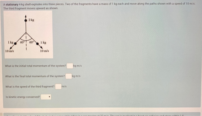Solved A stationary 4-kg shell explodes into three pieces. | Chegg.com