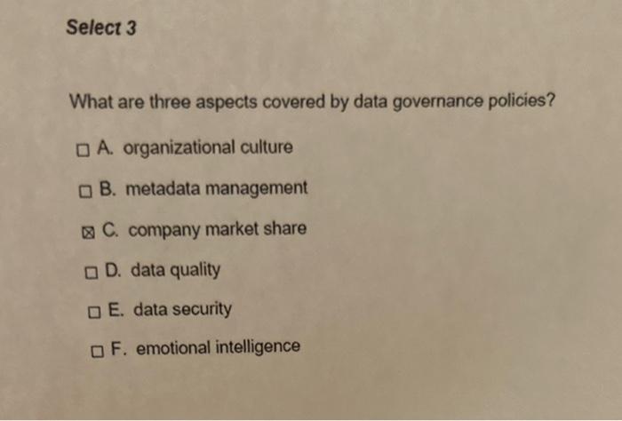 Solved What are three aspects covered by data governance | Chegg.com