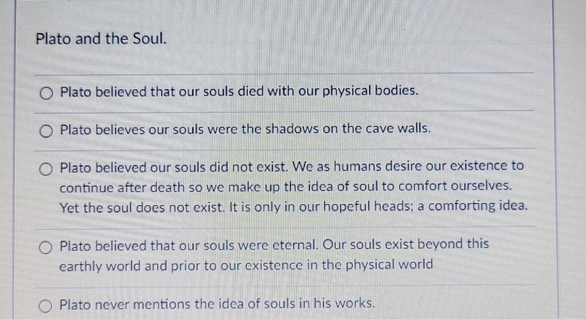 Solved Plato and the Soul.Plato believed that our souls died | Chegg.com