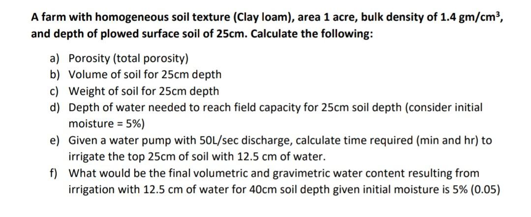 Solved A farm with homogeneous soil texture (Clay loam), | Chegg.com