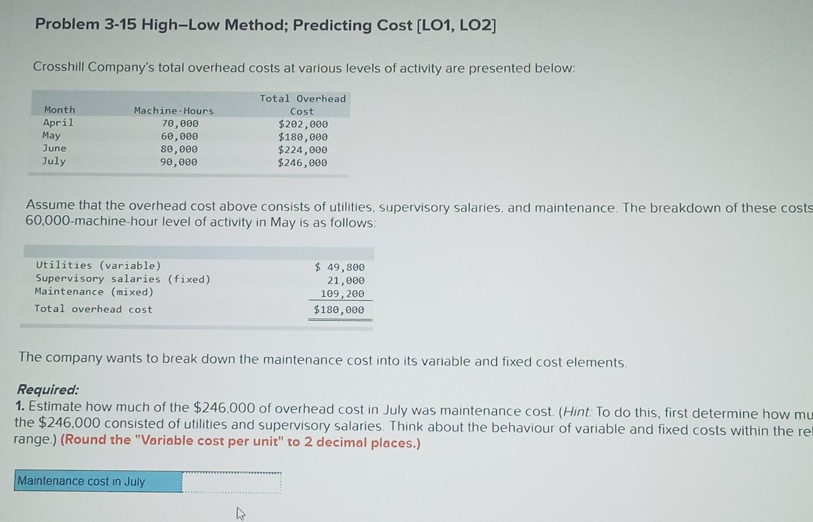 Solved Problem 3-15 High-Low Method; Predicting Cost [LO1, | Chegg.com