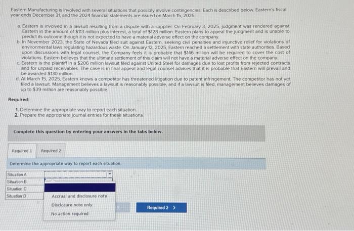 Solved Eastern Manufacturing is involved with several | Chegg.com