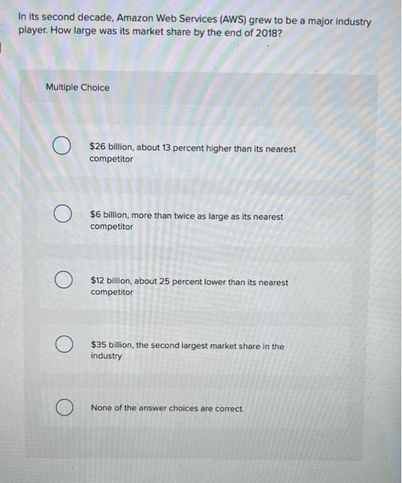 Solved In its second decade, Amazon Web Services (AWS) grew | Chegg.com