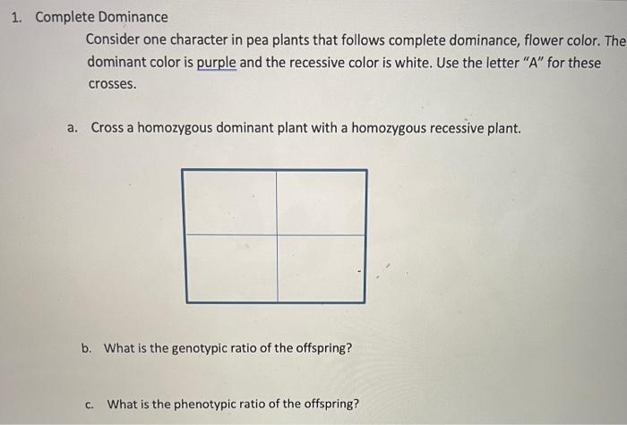 Solved 1. Complete Dominance Consider one character in pea | Chegg.com