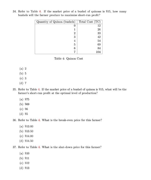 Solved 34. Refer to Table 4. If the market price of a bushel | Chegg.com