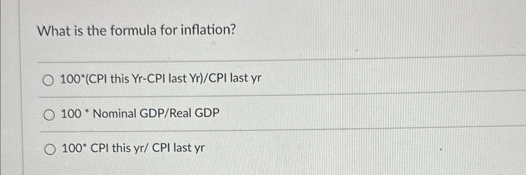 Solved What is the formula for inflation?100*(CPI this | Chegg.com