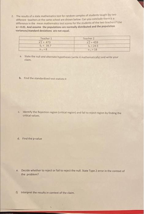 Solved 2. The results of a state mathematics test for random | Chegg.com