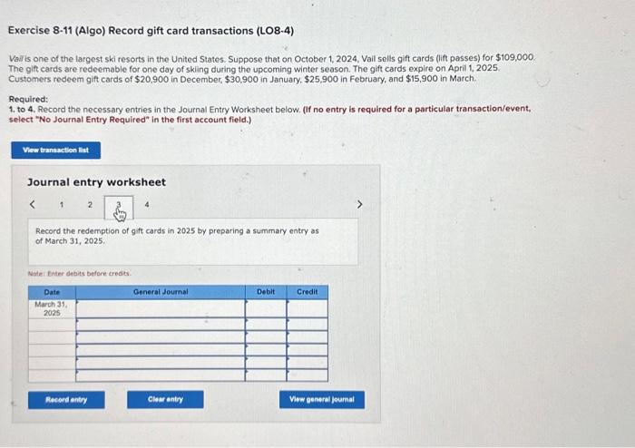 Solved Exercise 8-11 (Algo) Record gift card transactions | Chegg.com