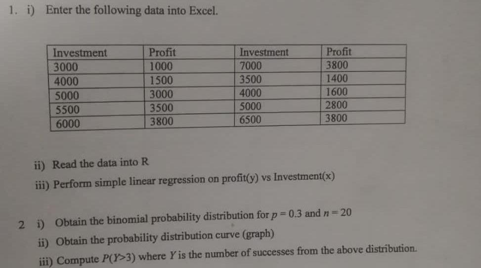 Solved 1. i) Enter the following data into Excel. ii) Read | Chegg.com