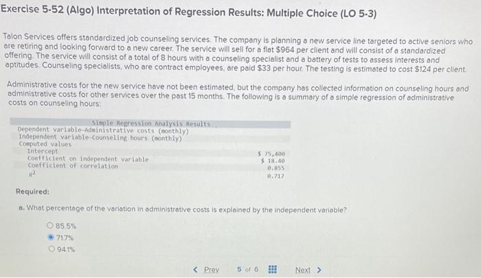 Solved Exercise 5-52 (Algo) Interpretation of Regression | Chegg.com